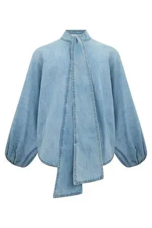Zimmermann Bow Front Blouse With Puff Sleeves - Denim