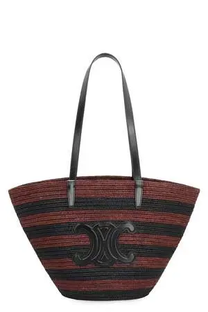 Celine Raffia Tote Handbag With Leather Handles And Removable Pouch - Multicolor