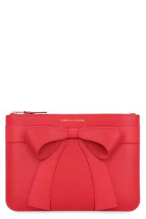 Comme Des Garçons Leather Pouch Handbag With Bow Applique, 21.5 Cm X 16 Cm - Red