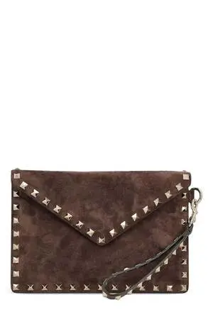 Valentino Garavani Valentino Rockstud Medium Flat Pouch Handbag Ebonybrown