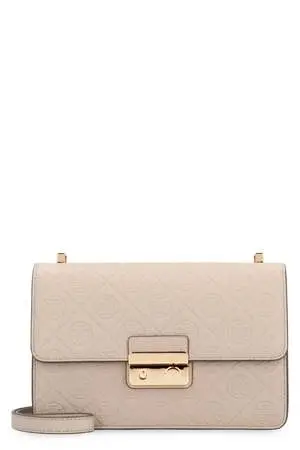 Tory Burch T Monogram Leather Mini Shoulder Handbag With Flap And Gold-tone Hardware - Grey