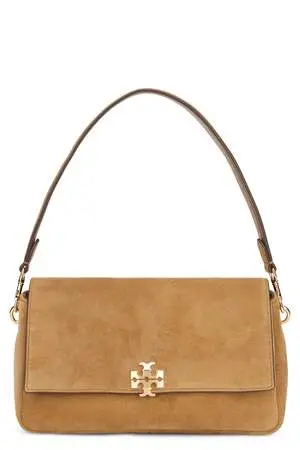 Tory Burch Charlie Suede Shoulder Handbag With Gold-tone Front Closure - Camel