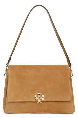 Tory Burch Elegant Suede Shoulder Handbag With Metallic Front Detail