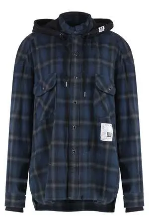 Mihara Yasuhiro Hooded Distressed Check Print Cotton Shirt - Blue