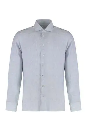 BORRIELLO NAPOLI Striped Linen Shirt With Rounded Hem - Light Blue