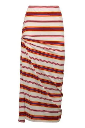 Rabanne Cotton Midi Skirt With Striped Motif And Decorative Gathering - Red