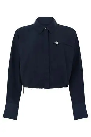 Veronica Beard Cropped Taffeta French-collar Shirt With Drawstring Waist - Blue