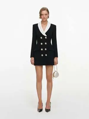 SELF-PORTRAIT Wool Crepe Dress With Contrasting Collar - Nero