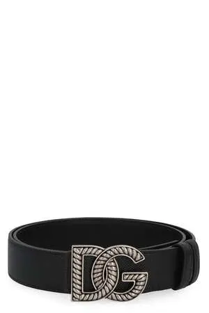 Dolce & Gabbana Calfskin Belt With Crossed Dg Logo Buckle - Black
