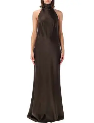 Ralph Lauren Satin Column Halter Evening Dress With Open Back - Marrone