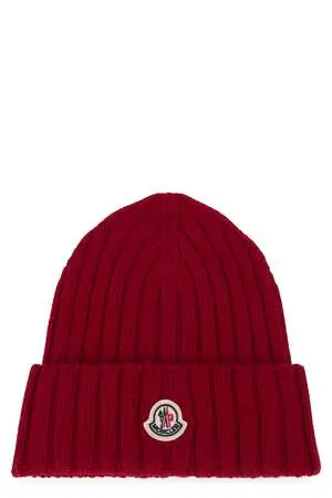 Moncler Ribbed Wool Beanie Hat - Burgundy