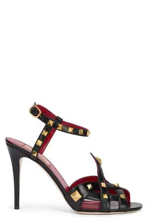 Valentino Garavani Studded High-heel Floral Sandals With Ankle Strap - Black