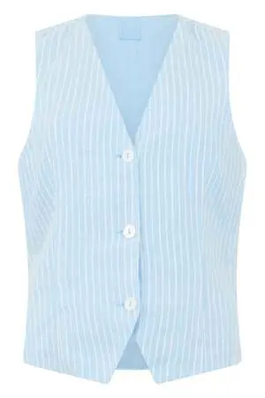 120% Lino Tailored Linen Gilet With V-neck And Button Front - Light Blue
