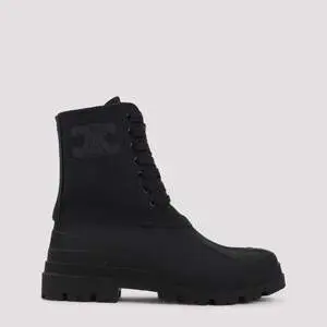 Celine Round Toe Canvas Lace-up Ankle Boots - Black