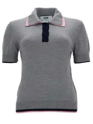 MSGM Merino Wool Short Sleeve Knit Polo Top - Grey