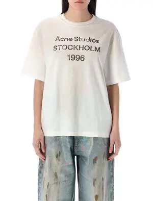 Acne Studios Sprayed Logo Organic Cotton & Hemp T-shirt With Distressed Rib Trims - Bianco