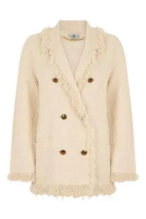 Elisabetta Franchi Double-breasted Blazer With Fringed Detail And Golden Buttons - Ivory