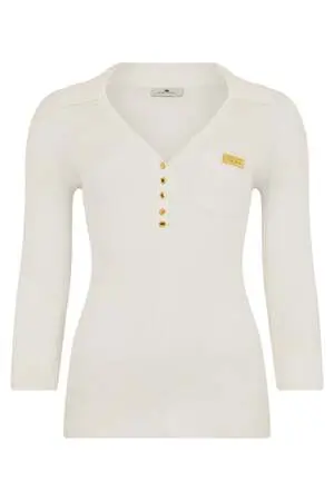 Elisabetta Franchi Ribbed Long-sleeve Polo Shirt With Button Placket And Embroidered Logo