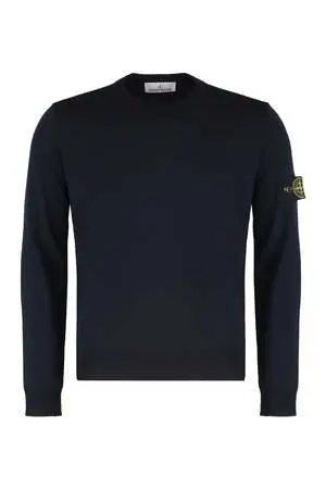 Stone Island Virgin Wool Crewneck Sweater With Removable Logo Patch - Blue