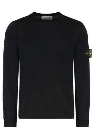 Stone Island Virgin Wool Crew-neck Sweater With Removable Logo Patch - Black