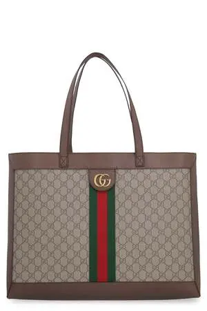 Gucci Gg Supreme Canvas Tote With Web Insert And Leather Trim - Beige