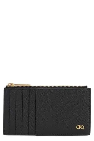 FERRAGAMO Gancini Hook Calfskin Card Holder Wallet With Bill Compartment 7 Cm X 13 Cm - Black
