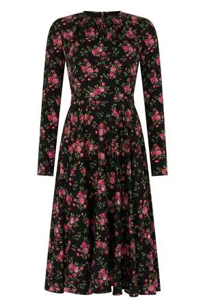 Dolce & Gabbana Inspired Silk Floral Long-sleeve Dress, Calf Length - Black