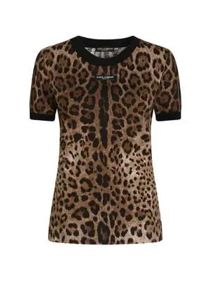 Dolce & Gabbana Cotton Leopard Print T-shirt With Contrast Details - Marrone