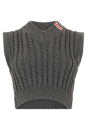 Thom Browne Woven Virgin Wool Mini Vest With Vertical Ribbing And V-neckline