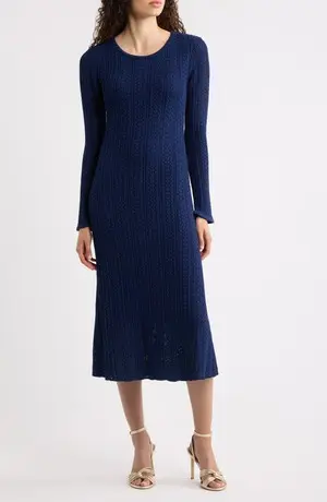 Elie Tahari Julietta Long Sleeve Pointelle Midi Sweater Dress - Twilight Sky