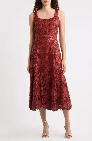 Elie Tahari Chayanne Faux Leather Floral Lace Midi Dress - Toasted Saffron
