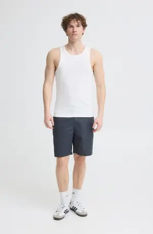 CASUAL FRIDAY Flat Front Cotton & Linen Chino Shorts - Dark Navy