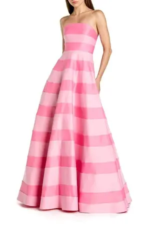 Mac Duggal Strapless Striped Satin Ballgown With Pockets