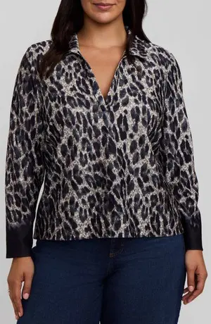 Foxcroft Talia Cheetah Print Crepe Knit Long Sleeve Polo - Black/multi