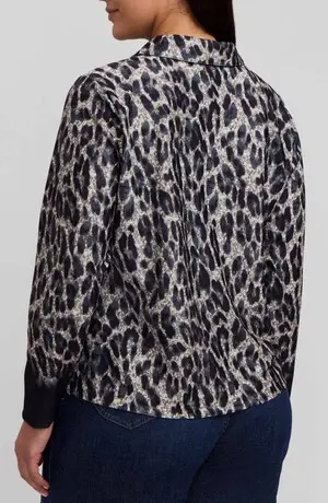 Foxcroft Talia Cheetah Print Crepe Knit Long Sleeve Polo - Black/multi