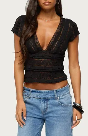 EDIKTED Avalee Plunge Neck Lace Crop Top - Black