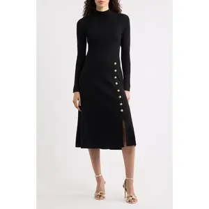Elie Tahari Adhara Ribbed Mock Neck Long Sleeve Sweater Dress With Button Detail