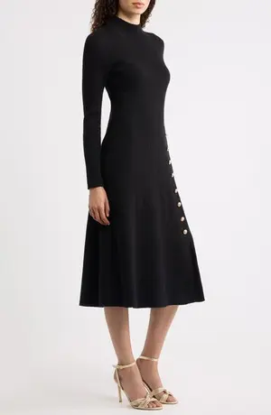 Elie Tahari Adhara Ribbed Mock Neck Long Sleeve Sweater Dress With Button Detail
