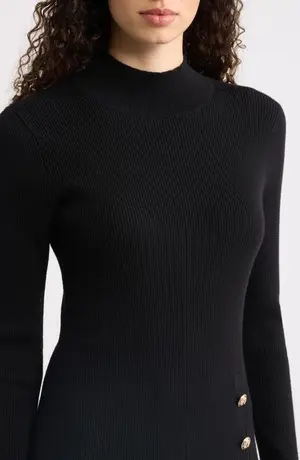 Elie Tahari Adhara Ribbed Mock Neck Long Sleeve Sweater Dress With Button Detail