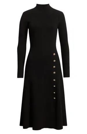 Elie Tahari Adhara Ribbed Mock Neck Long Sleeve Sweater Dress With Button Detail