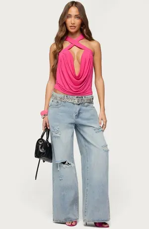 EDIKTED Cowl Neck Open Back Halter Top