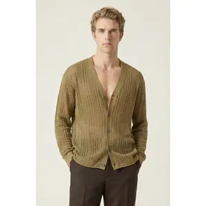 MODENAIRE Open Knit V-neck Cardigan - Olive Green