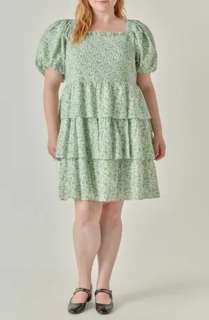 English Factory Crinkled Floral Smocked Dress - Green