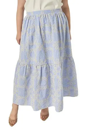 English Factory Embroidered Stripe Midi Skirt - Blue