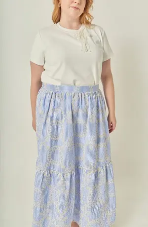 English Factory Embroidered Stripe Midi Skirt