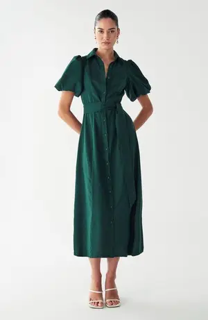 WILLA Ariane Midi Dress With Puff Sleeves And Belt