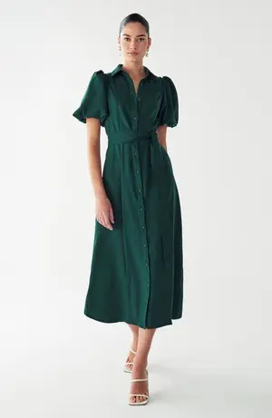 WILLA Ariane Midi Dress With Puff Sleeves And Belt