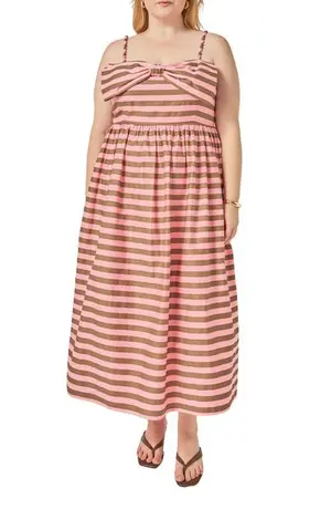 English Factory Striped Cotton Midi Dress With Bow Detail