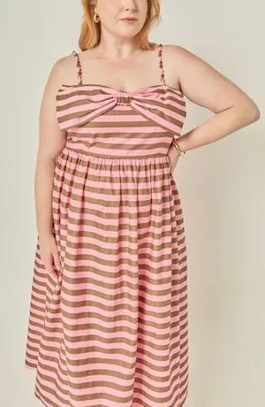 English Factory Striped Cotton Midi Dress With Bow Detail - Pink/brown