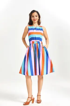 MODCLOTH The Weekend Whirl Fit And Flare Dress - Mod Stripe